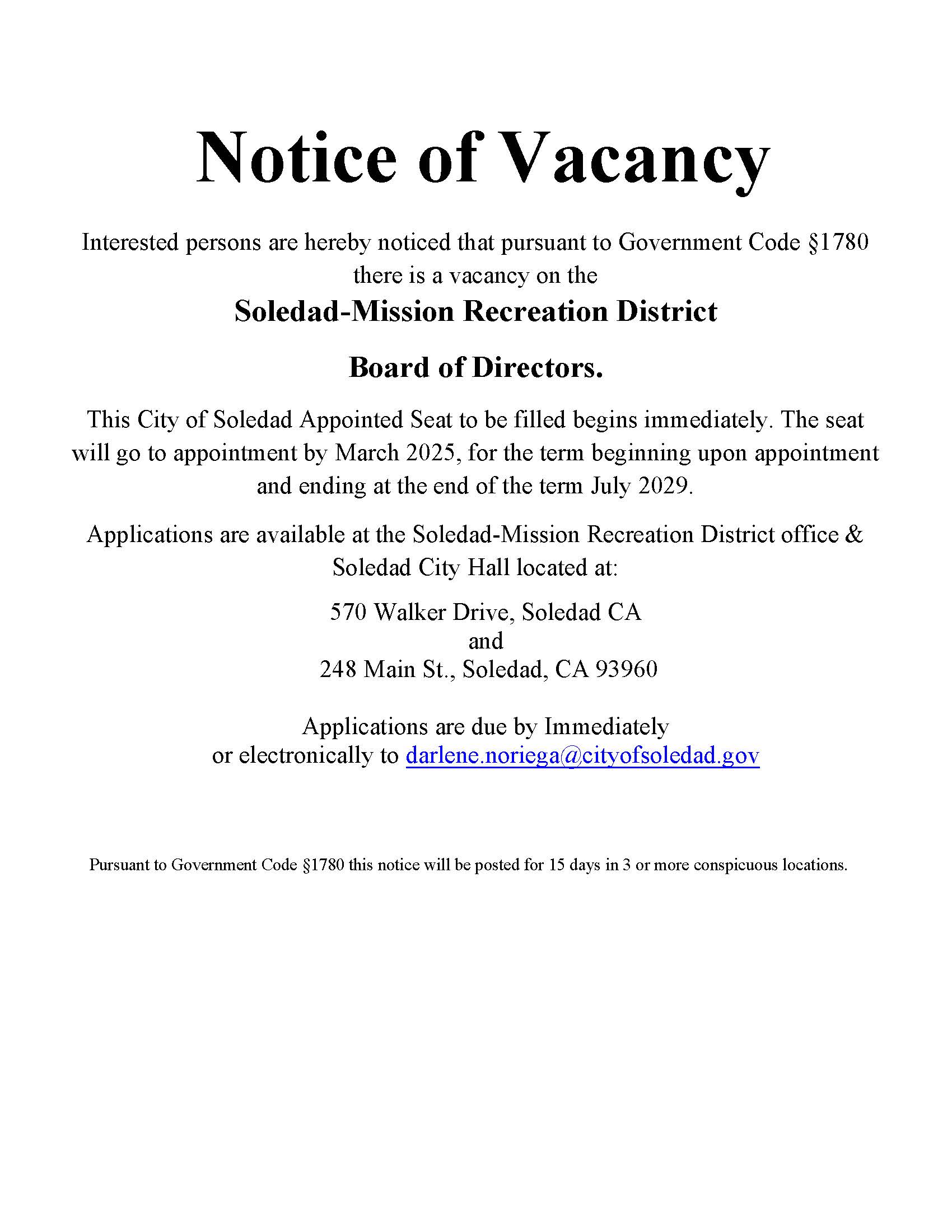 Notice of Vacancy - Soledad Mission Recreation District Board of ...