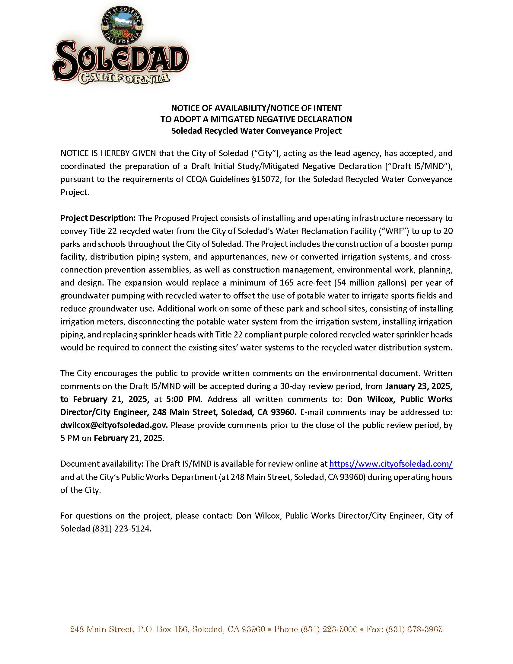 Notice of Availability/Notice of Intent to Adopt Mitigated Negative Declaration - City of Soledad